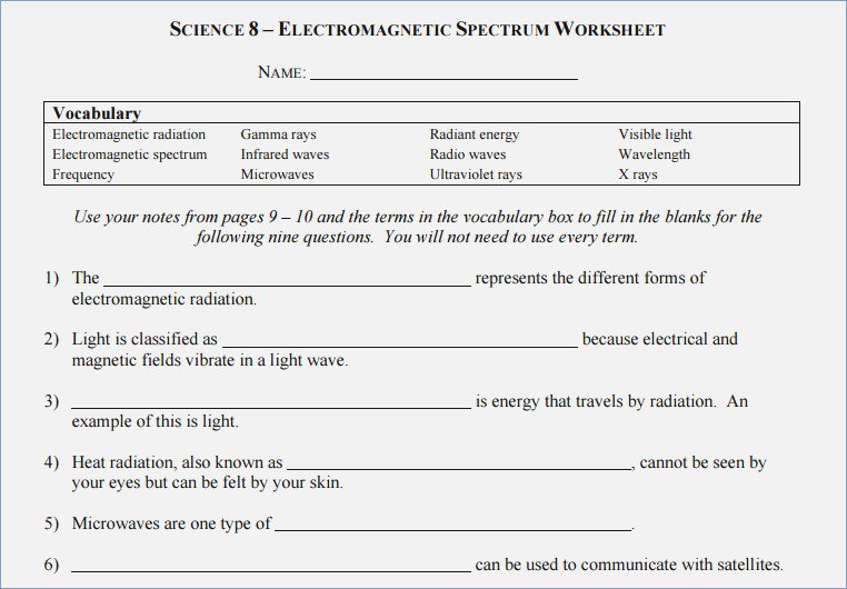 Science 8- Electromagnetic Spectrum Worksheets
