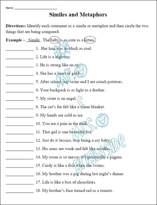 Simile And Metaphor Worksheet 5th Grade | Free Worksheets Samples