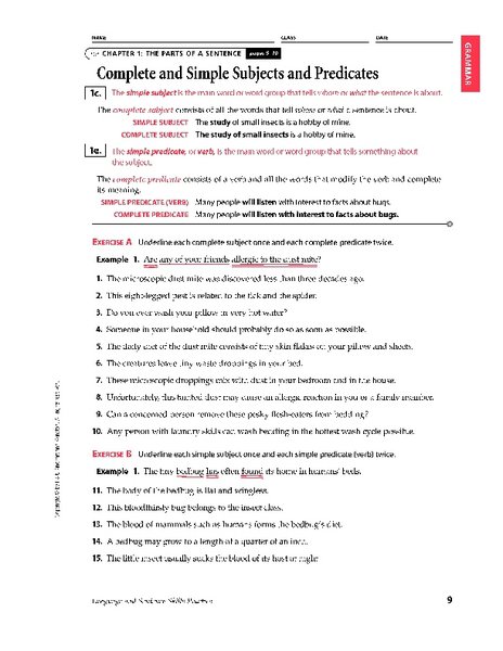 Simple Subjects And Predicates Worksheets