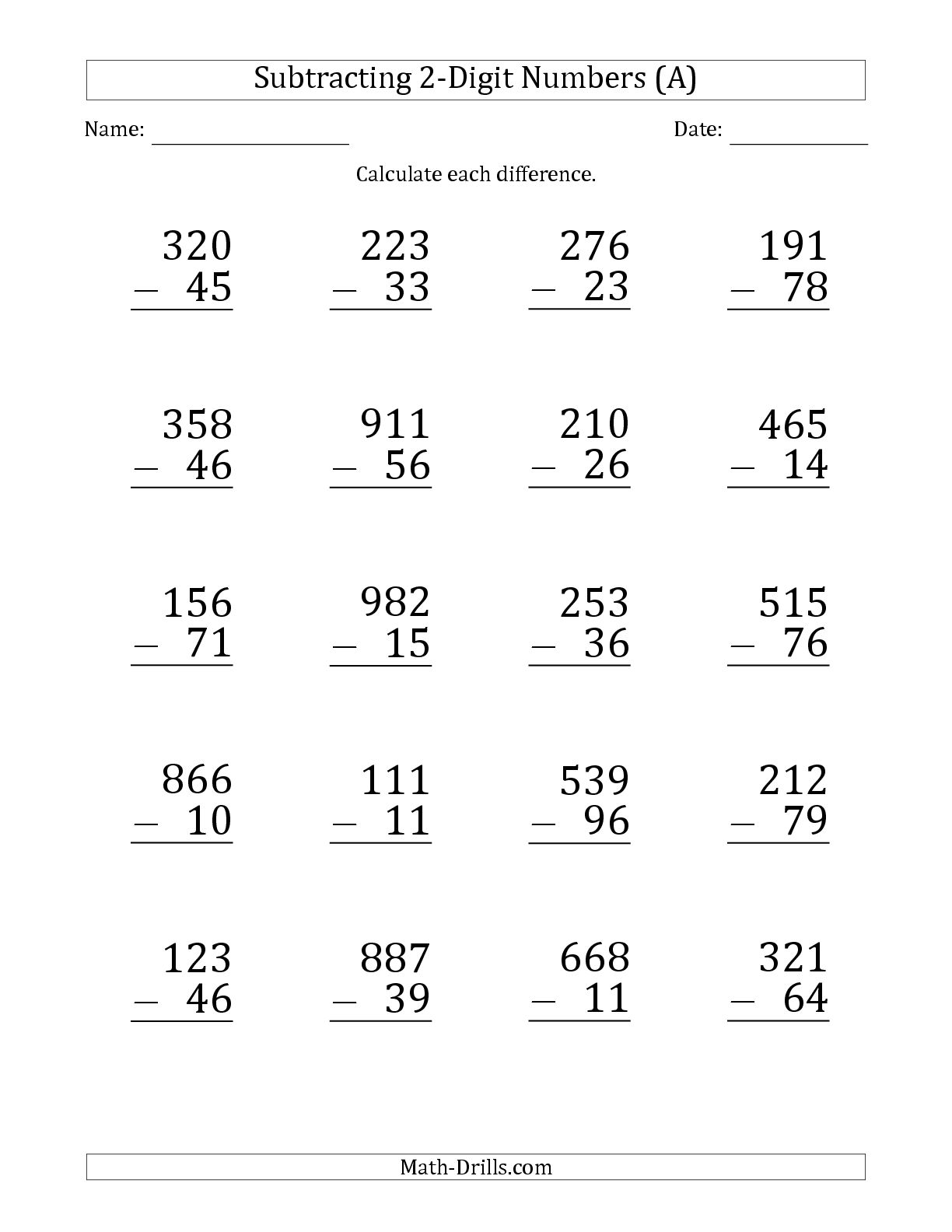 Subtracting 2 Digit Numbers Worksheets