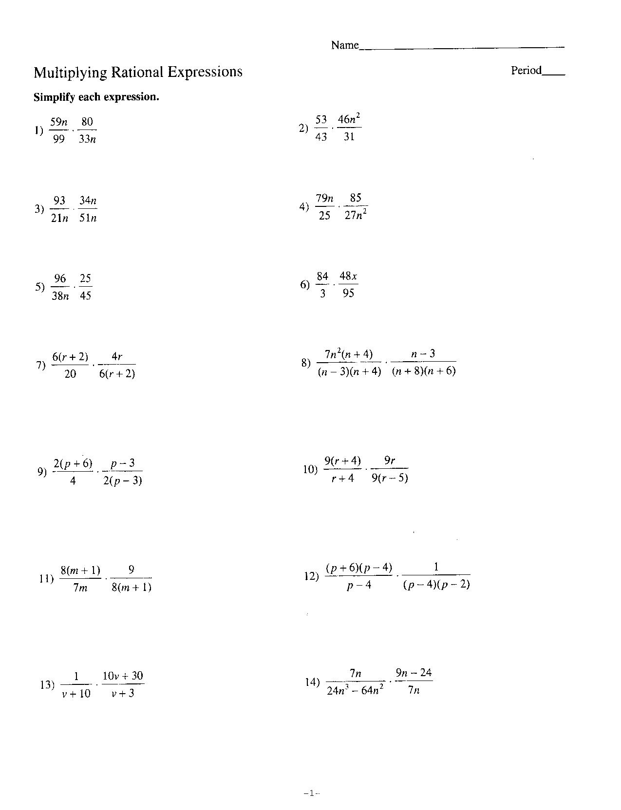 Collection Of Multiplying Rational Expressions Worksheets Answers ...