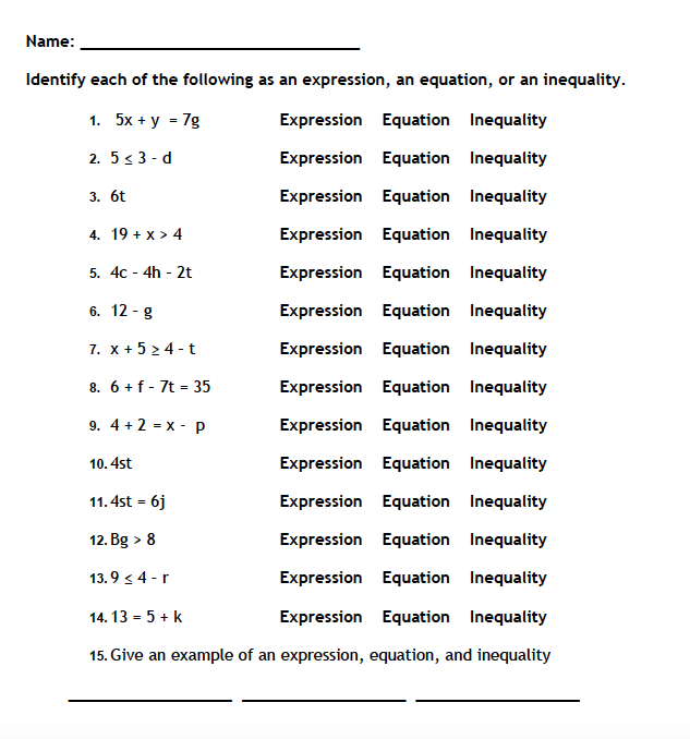 Inequalities And Equations Worksheets