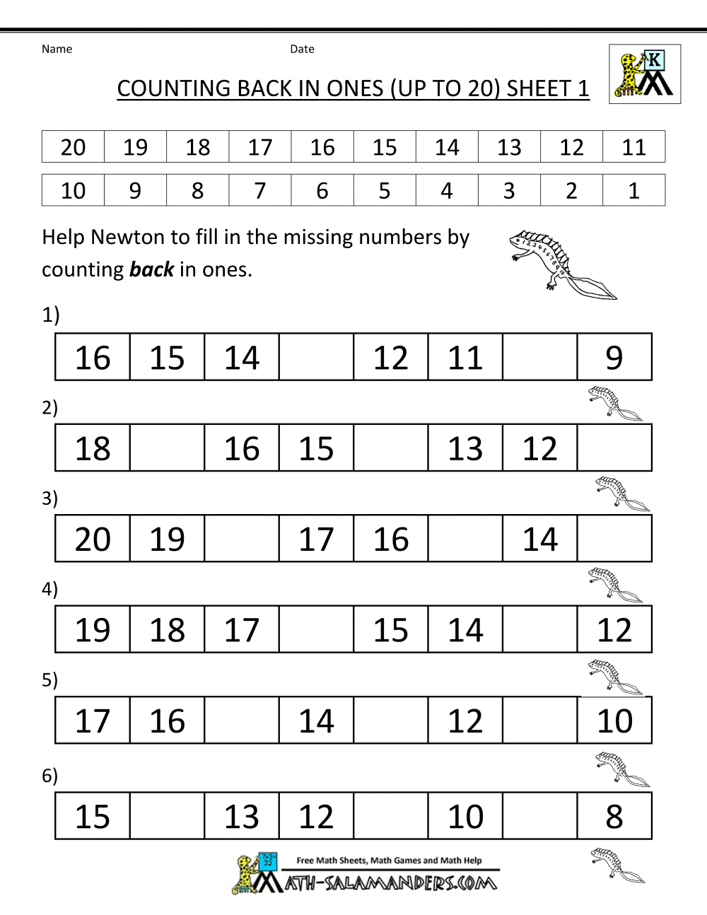 Counting Backwards Worksheets For First Grade