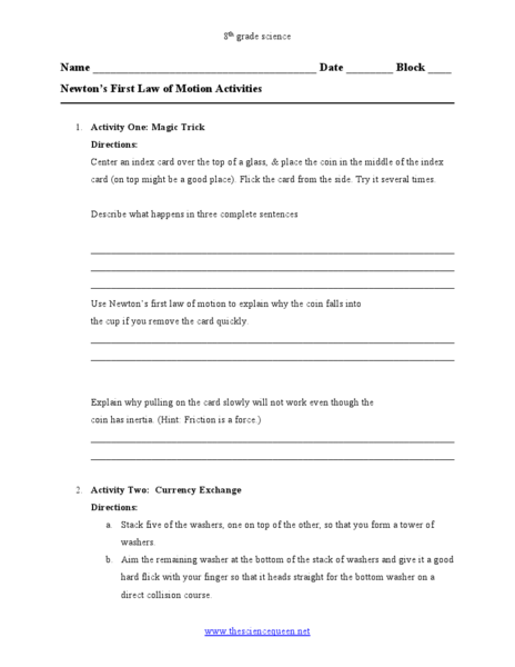First Law Of Motion Worksheet | Free Worksheets Samples
