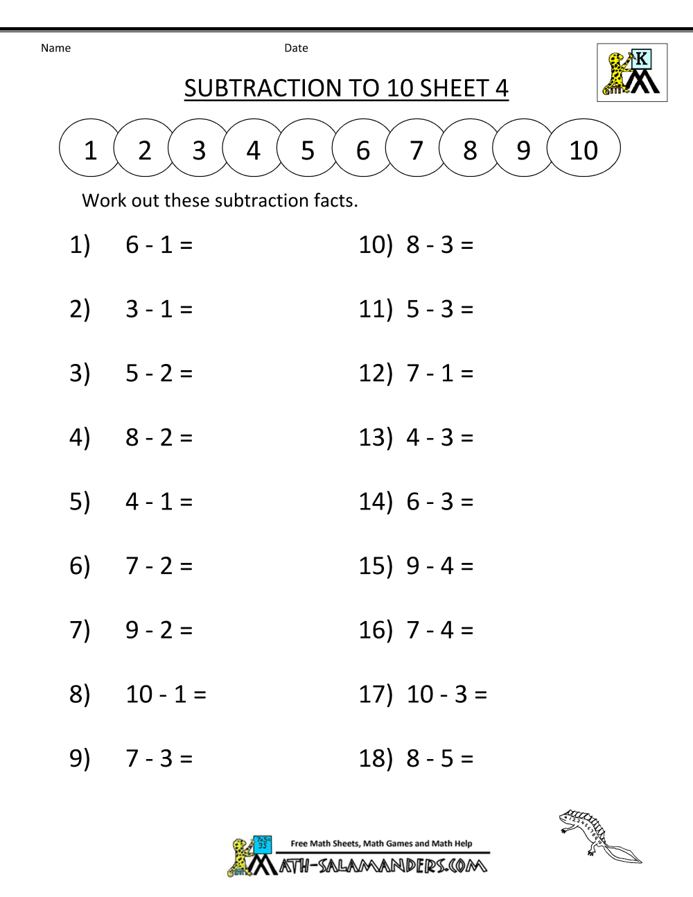 Subtraction Facts To 10 Worksheets