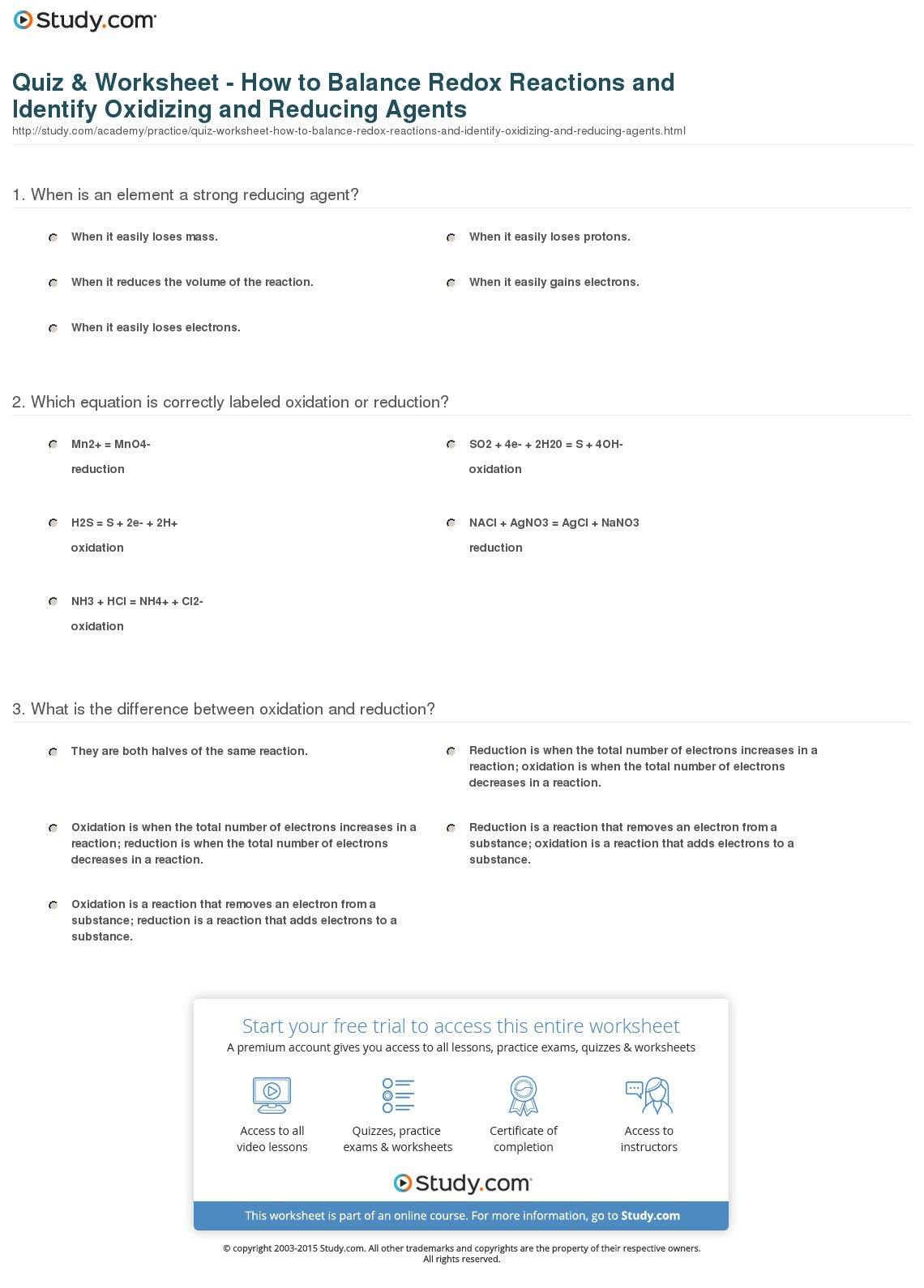 Oxidation And Reduction Worksheets With Answers