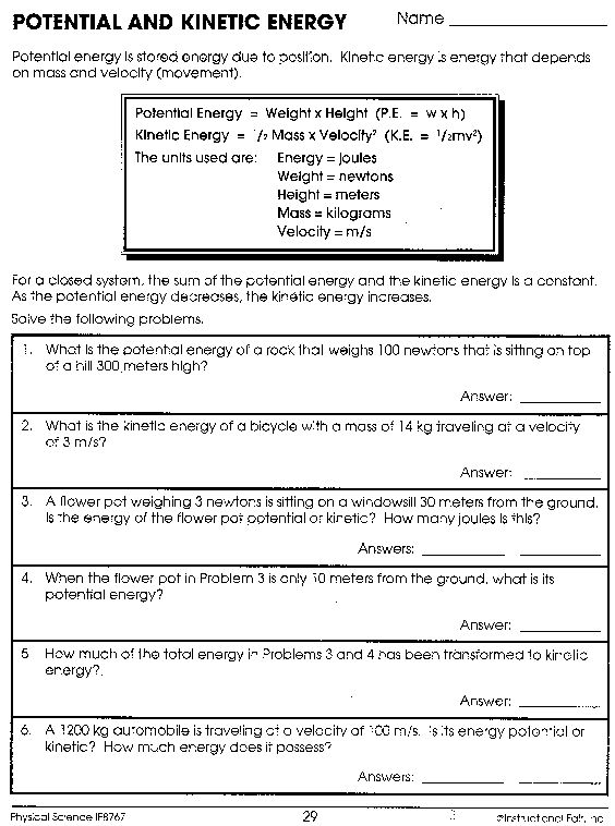 Kinetic Energy And Potential Energy Worksheets Answers