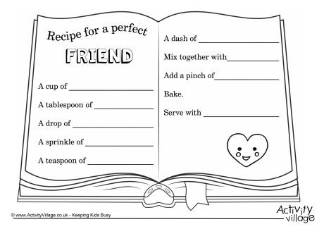 Friendship Recipe Worksheets