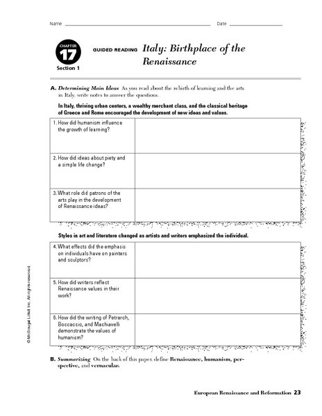 Italian Renaissance Worksheets