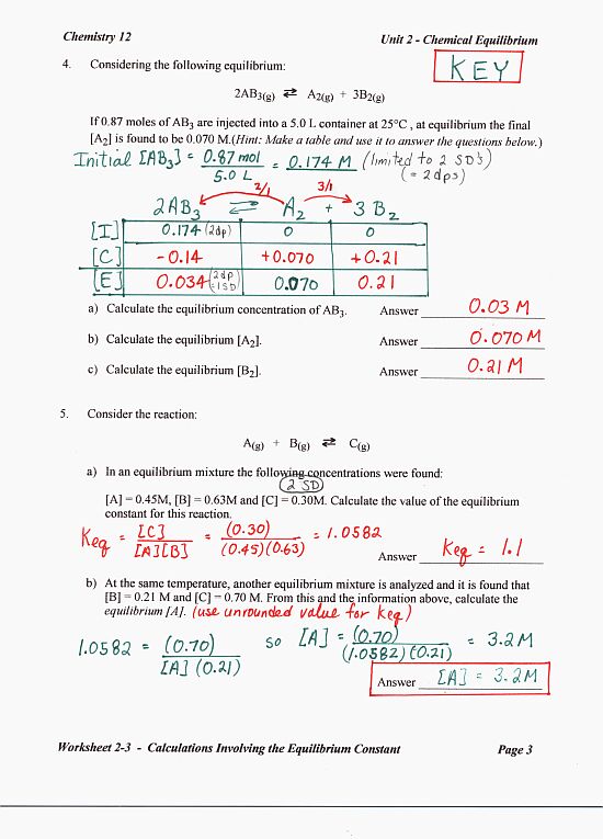 Chemical Equilibrium Worksheets Answers