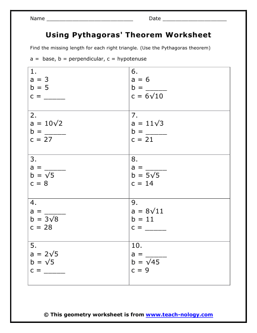 Worksheet On Pythagorean Theorem Printables | Free Worksheets Samples