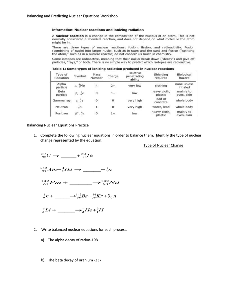 Writing Nuclear Equations Worksheet | Free Worksheets Samples