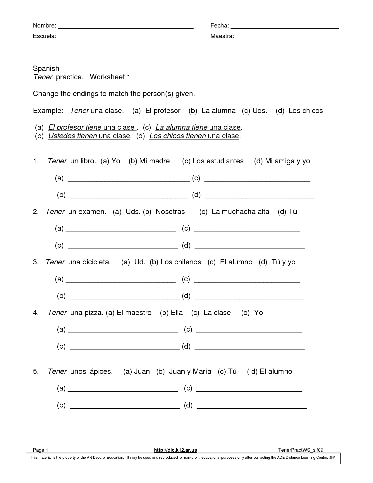 Spanish 1 Practice Worksheets