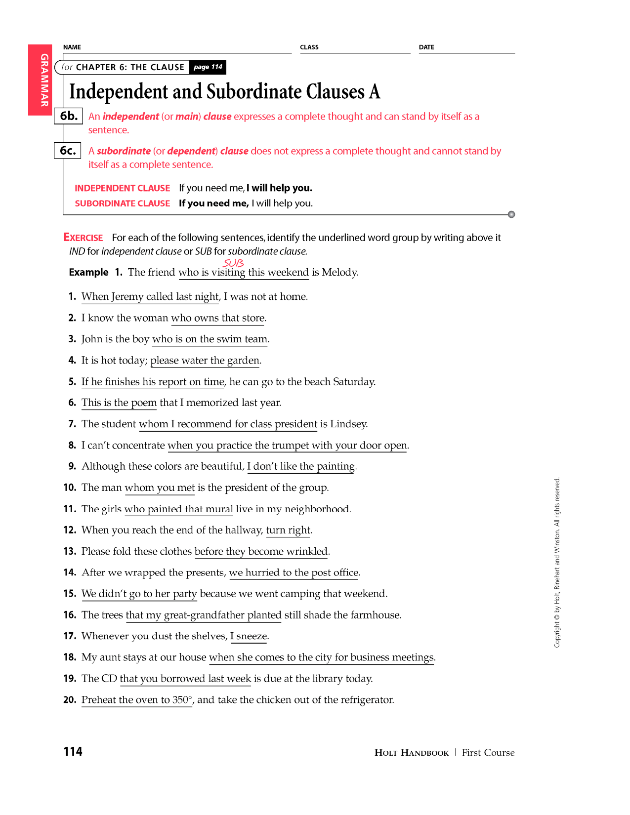 Independent And Dependent Clause Worksheets