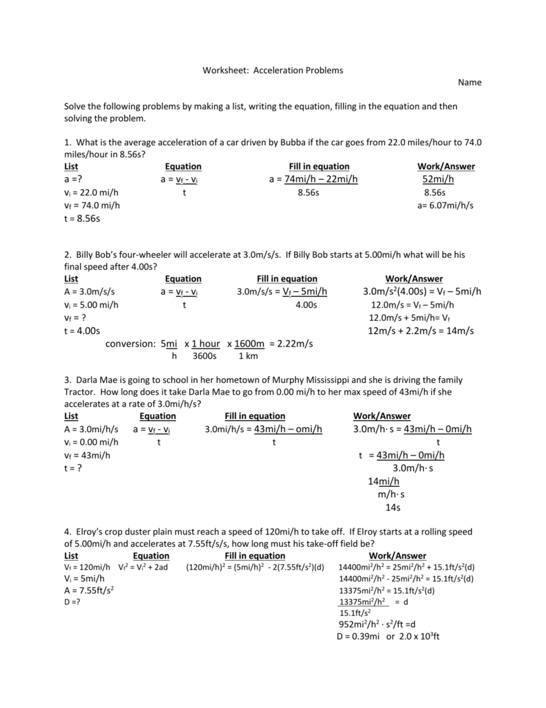 Acceleration Problems Worksheets With Answers