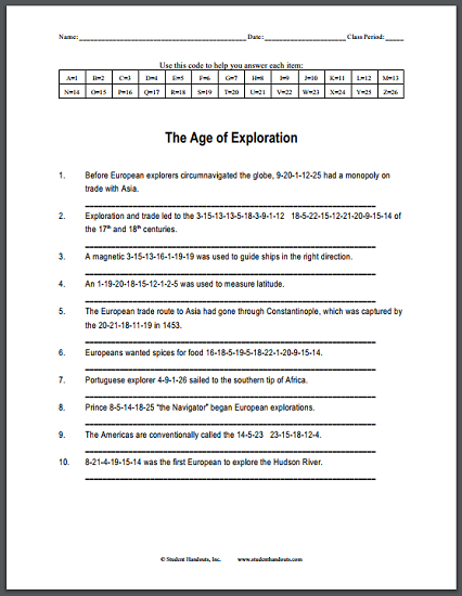 The Age Of Exploration Worksheets