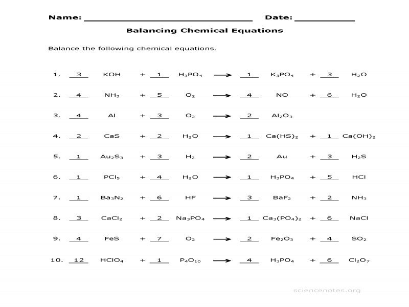 Balancing Equations Practice Worksheet Balancing Equations | Free ...