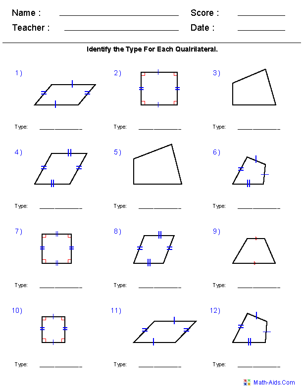 Classifying Quadrilaterals Worksheets