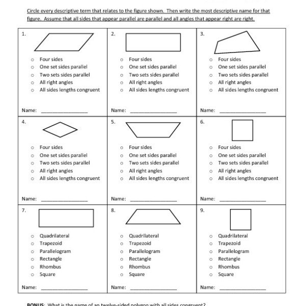 Classifying Quadrilaterals Worksheets