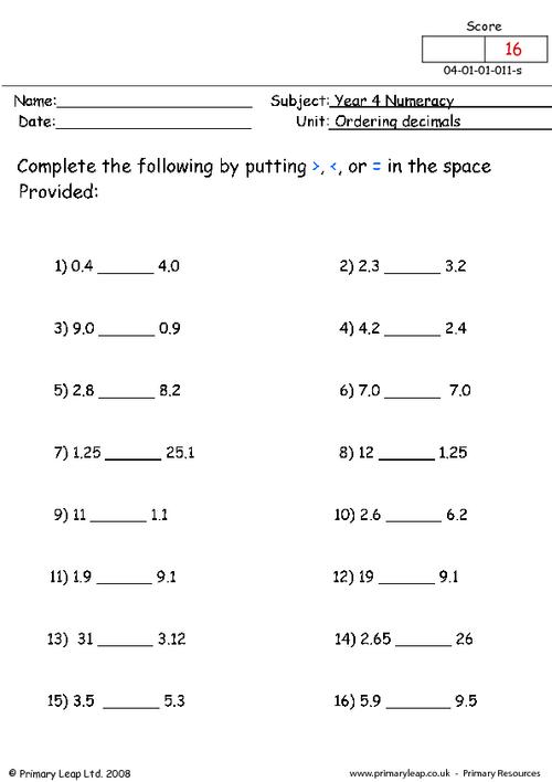 Collection Of Ordering Decimals Worksheet Year 6 | Free Worksheets Samples