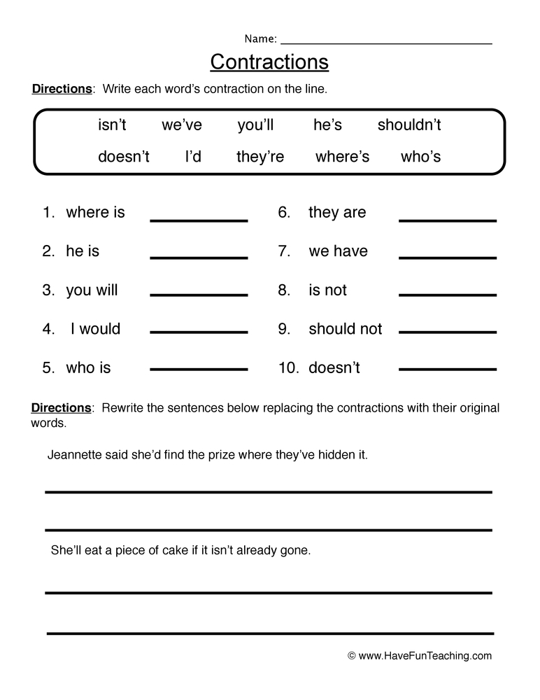 Contractions Worksheets For Grade 2