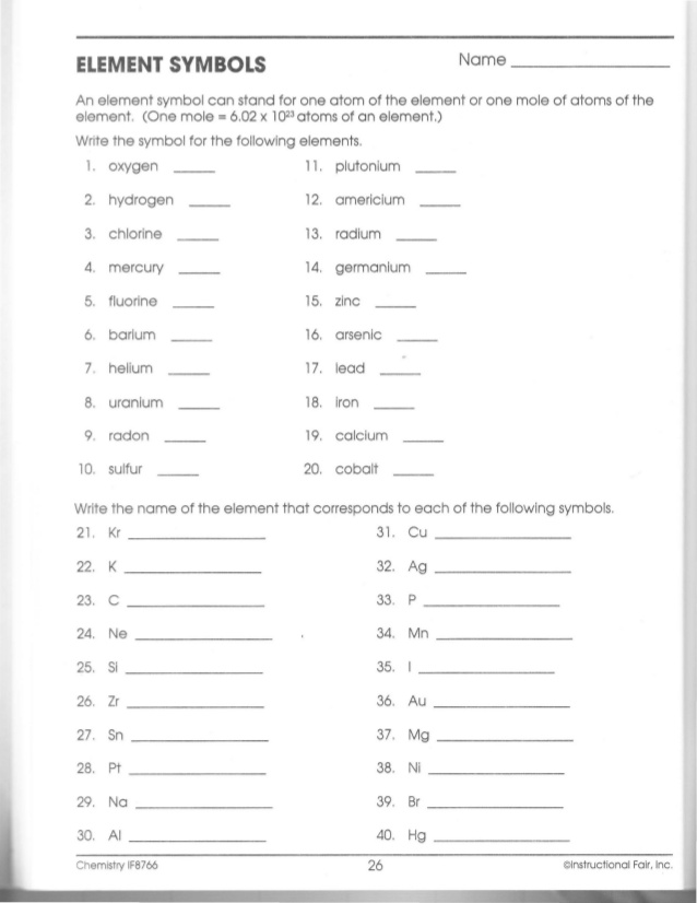 Symbols Of Elements Worksheets