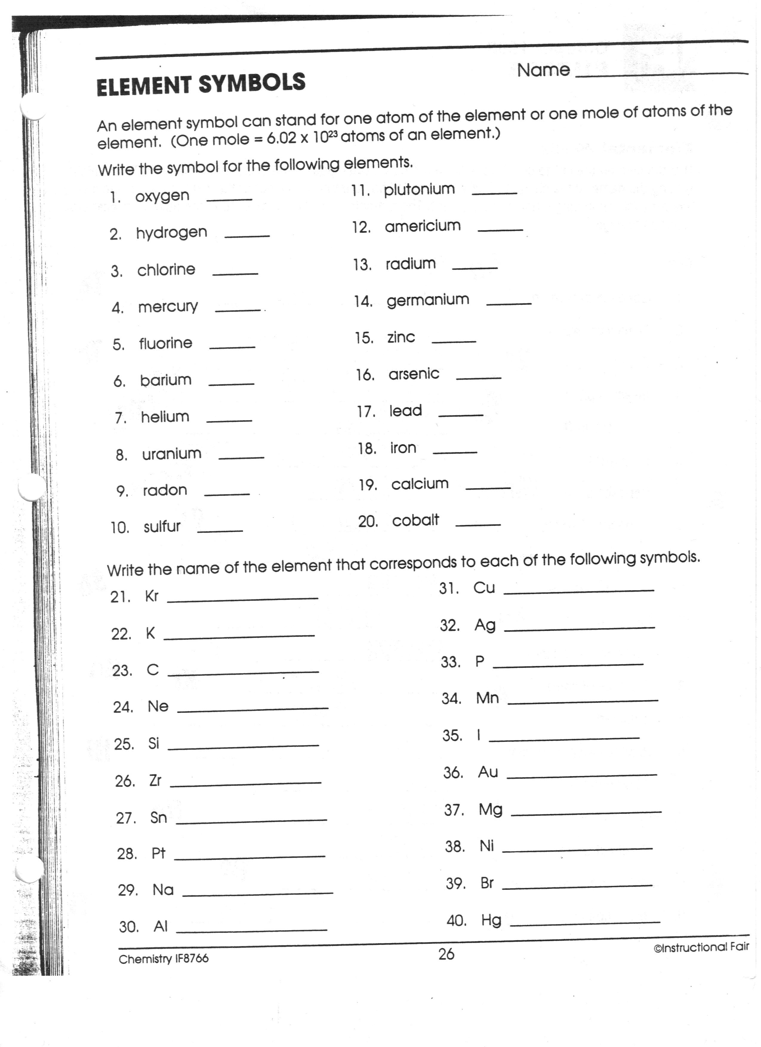 Symbols Of Elements Worksheets