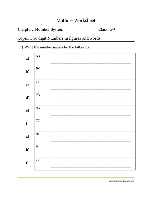 Math Number Names Worksheets