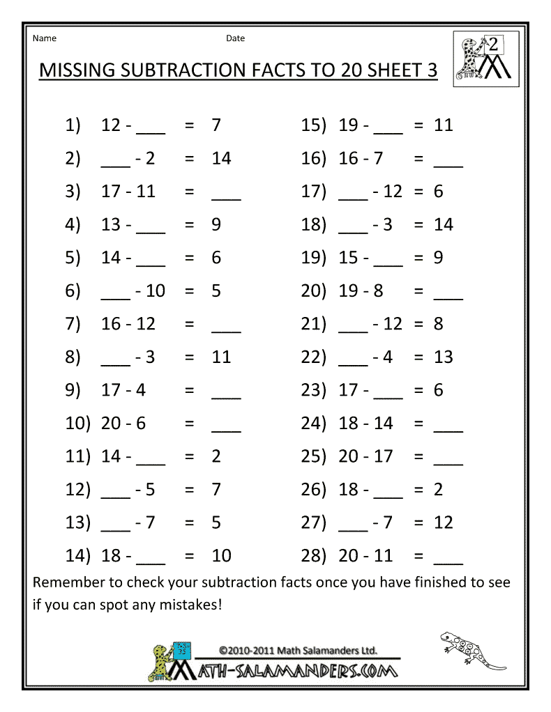 Math Worksheets Subtraction With Missing Numbers 126524 | Free ...