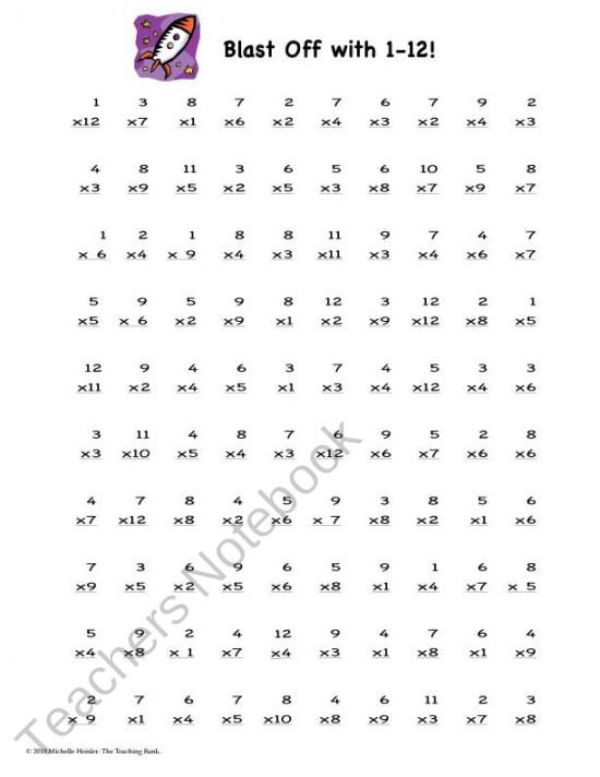 Multiplication Worksheets 100 Problems 1-12