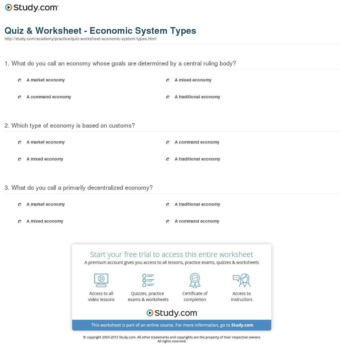 Economic Systems Worksheets