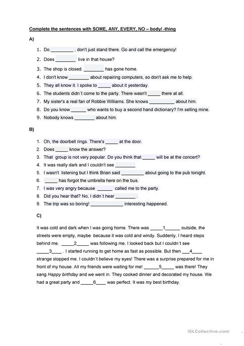 Some, Any, No, Every + | Free Worksheets Samples