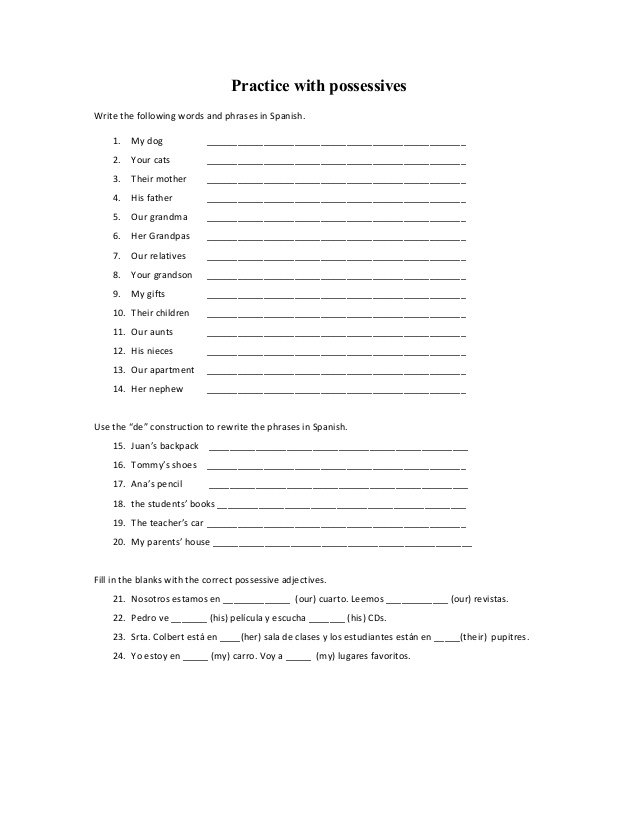 Spanish Possessive Pronouns Worksheet 53542 | Free Worksheets Samples