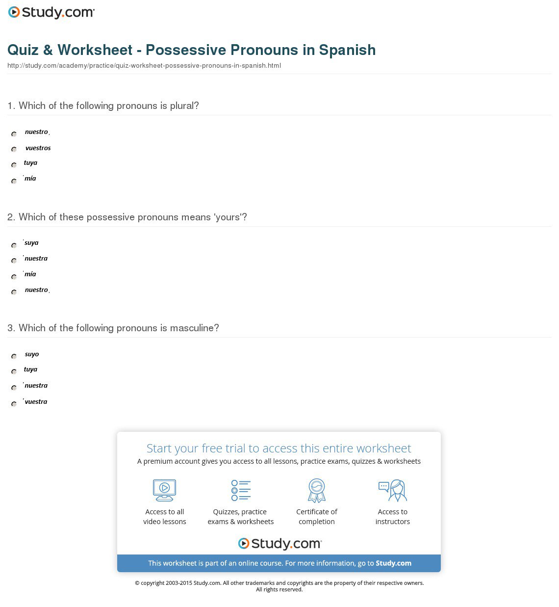 Spanish Possessive Pronouns Worksheet 53544 | Free Worksheets Samples