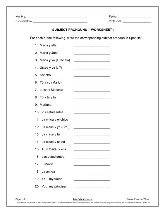 Spanish Personal Pronouns Worksheets