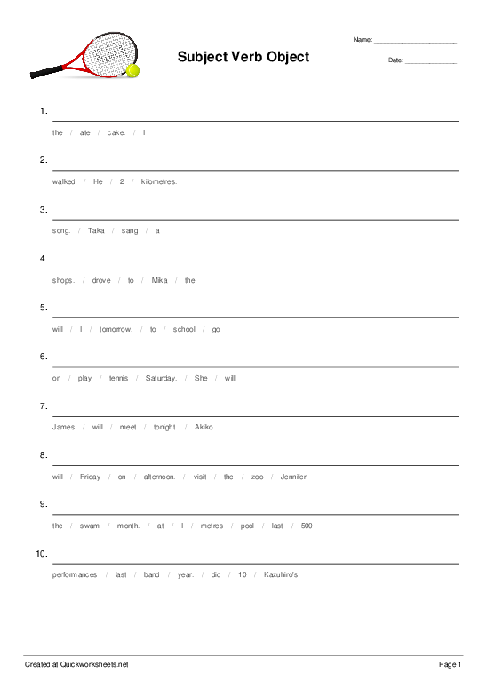 Subject Verb Object Worksheets