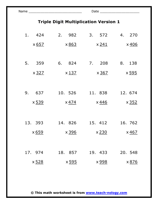 Multiplication Worksheets 3 Digit By 3 Digit