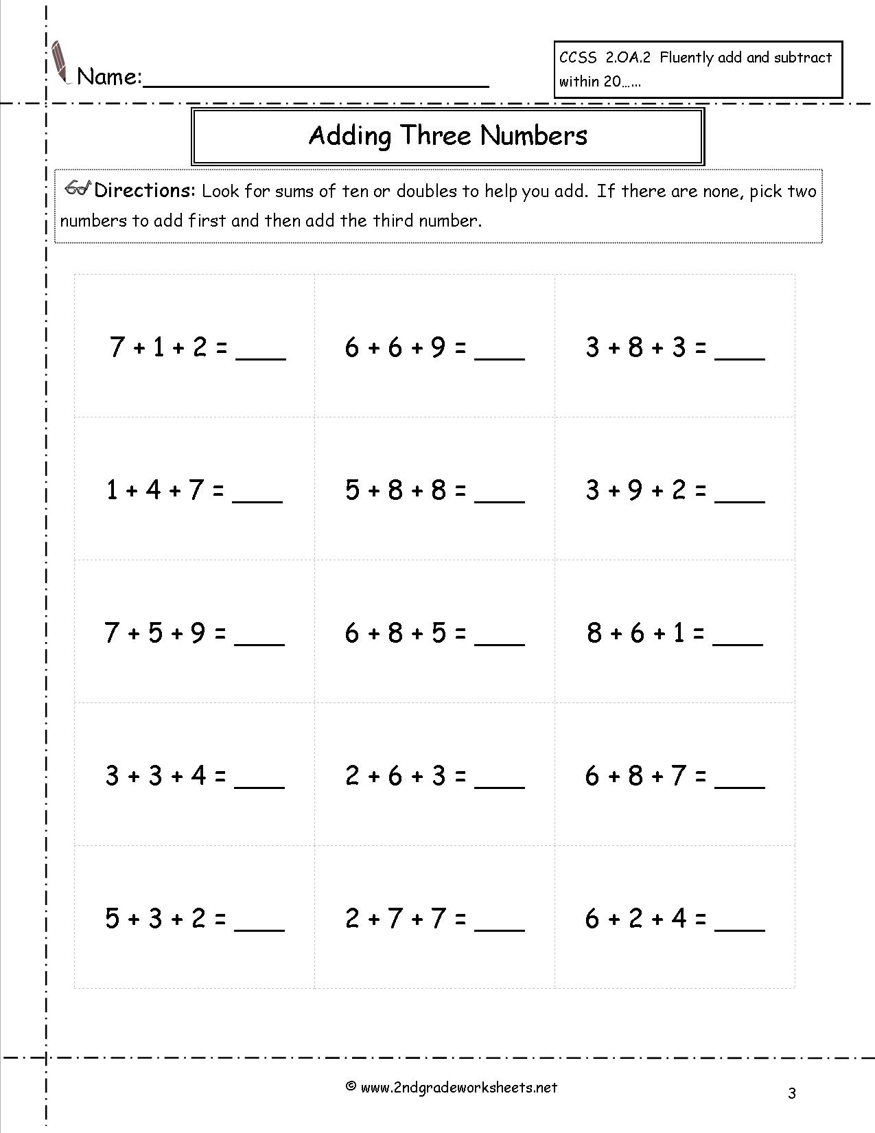 Adding Three Numbers Worksheets