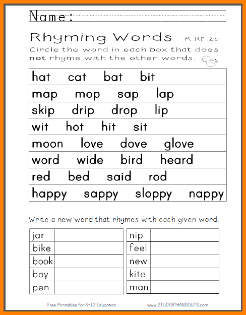 Rhyming Worksheets 2nd Grade
