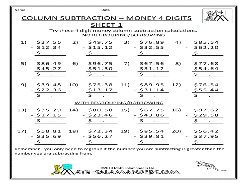 Column Subtraction Money 4 Digits Sheet 1 3rd 4th Grade | Free ...