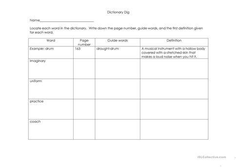 Dictionary Dig Worksheet | Free Worksheets Samples