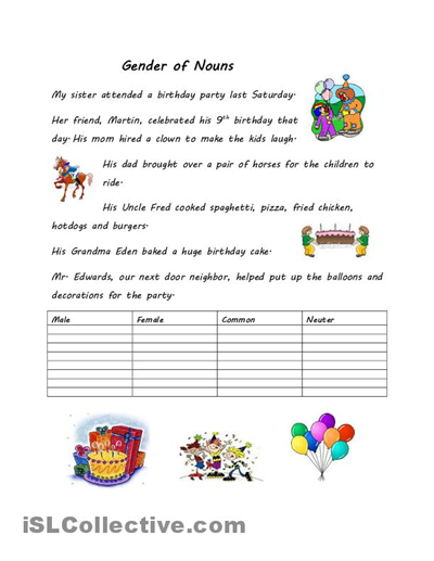 Gender Nouns Worksheets