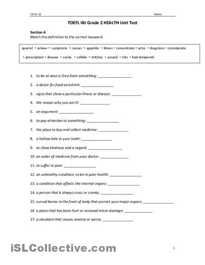 Free Health Worksheets For Middle School