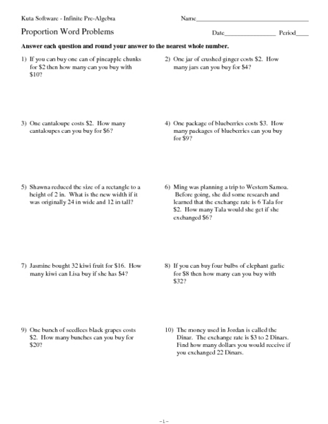Proportions Word Problems Worksheets