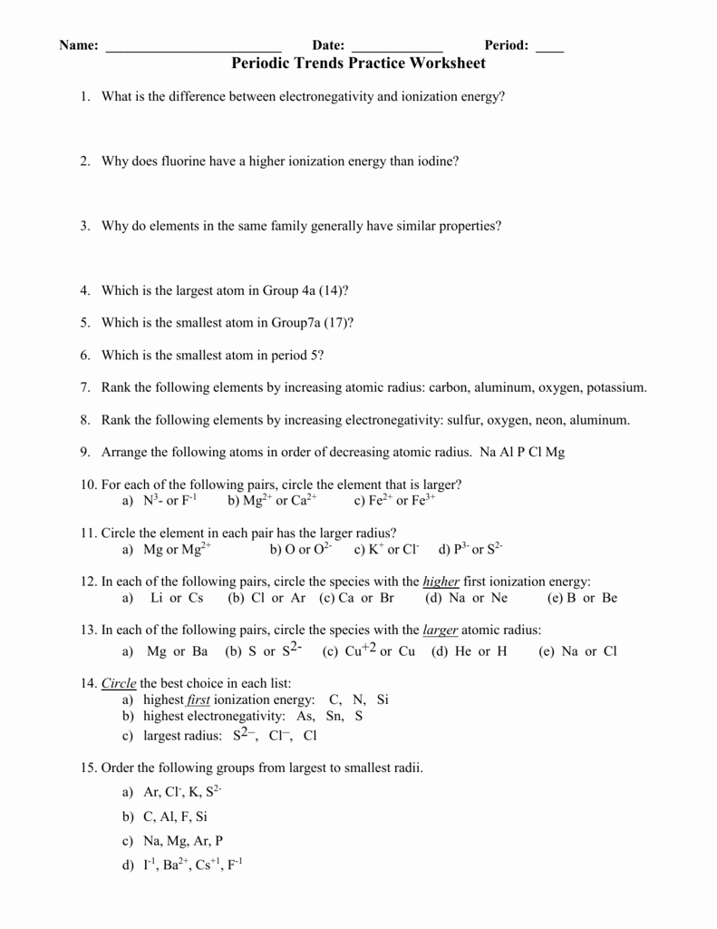 Worksheets Periodic Trends Answer Key