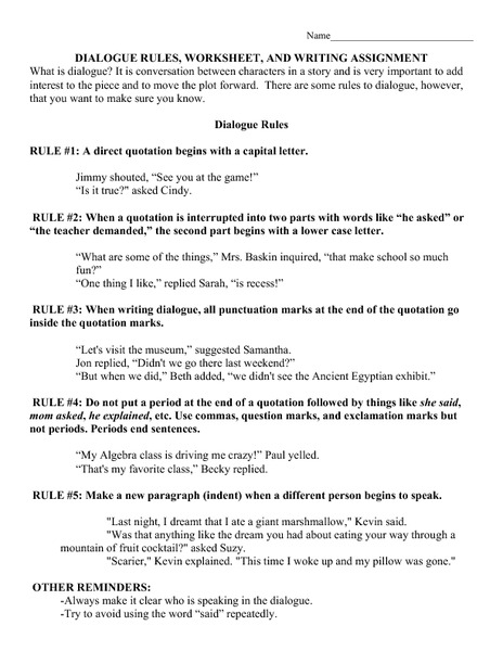 Dialogue Worksheets Middle School