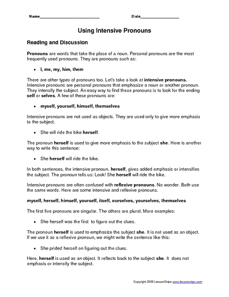 Intensive Pronoun Worksheets