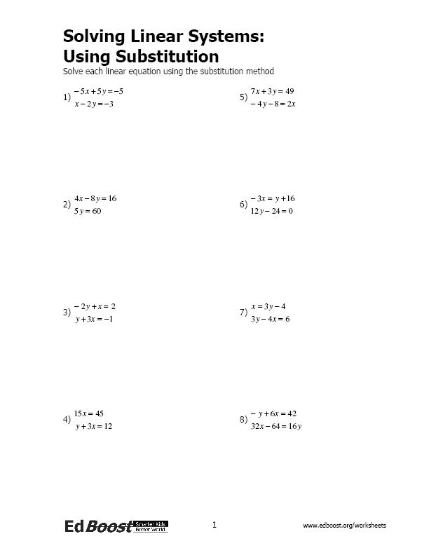System Of Equations Using Substitution Worksheets