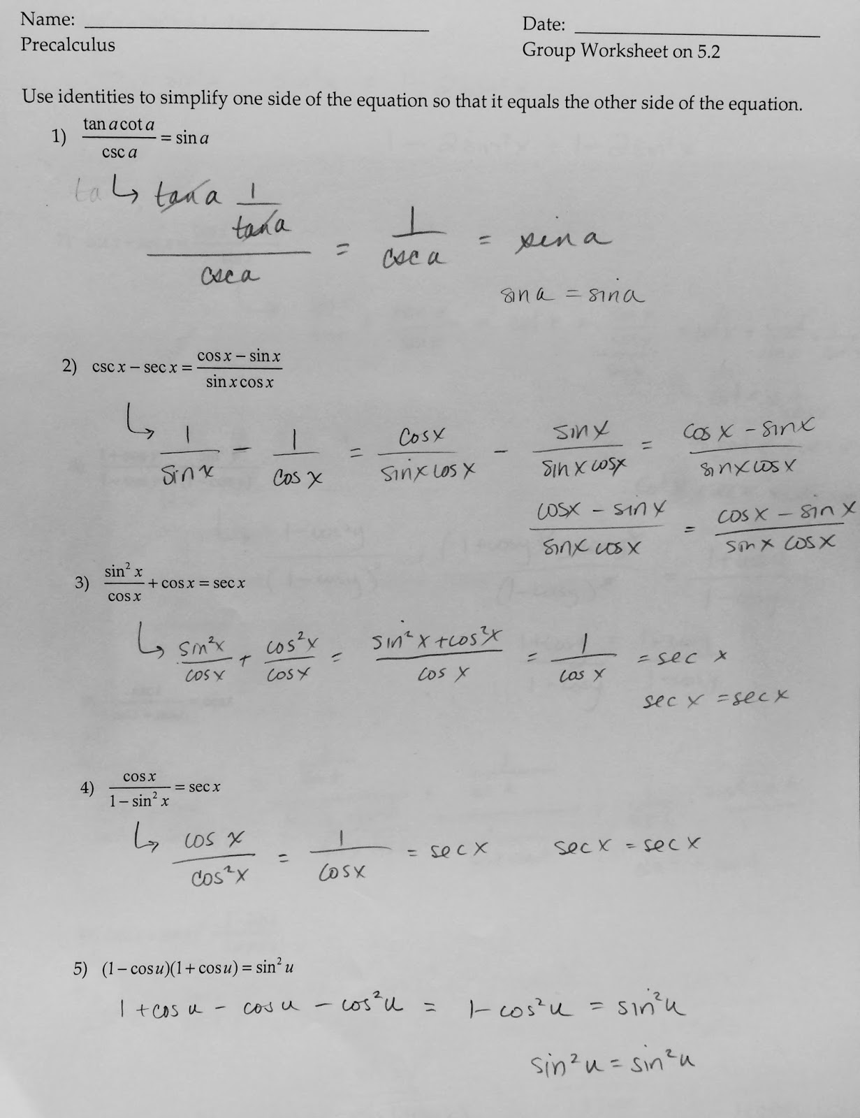 Precalculus 441 Solving Trigonometric Equations Worksheets Answers Precalculus 441 Solving Trigonometric Equations Worksheets Answers