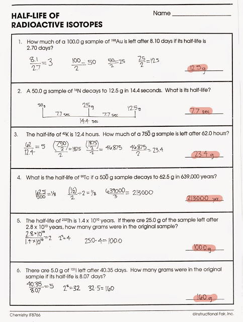 Radioactive Decay Problems Worksheets